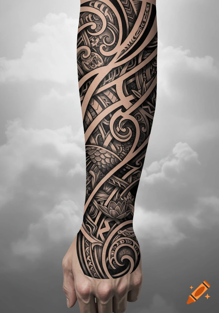 A black linear tribal tattoo design on a person's limb against a dark ...