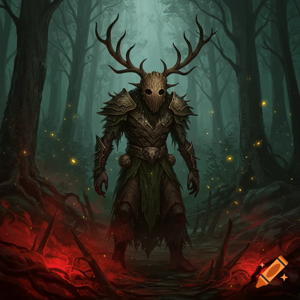 A large bearded man with stag antlers and leather armor stands on a ...