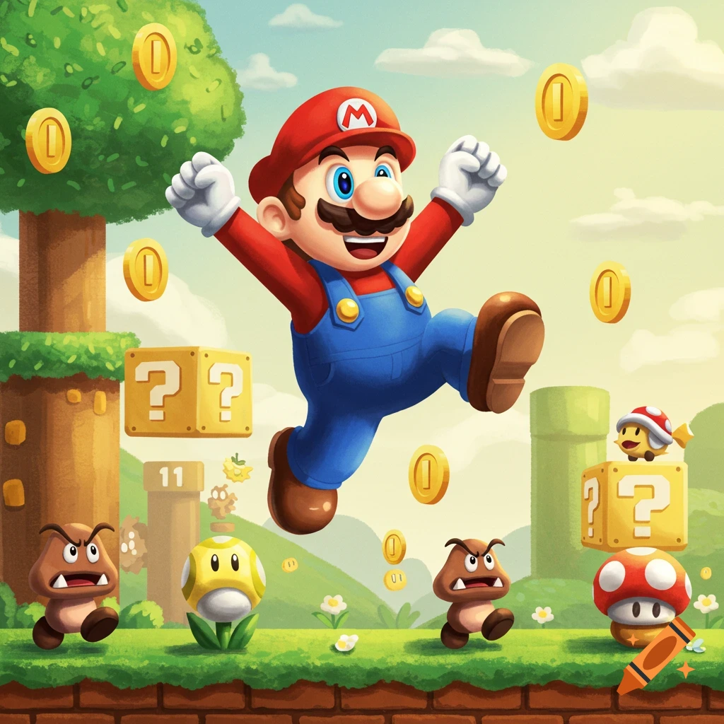 Mario jumps in a colorful cartoon landscape with question blocks, pipes ...