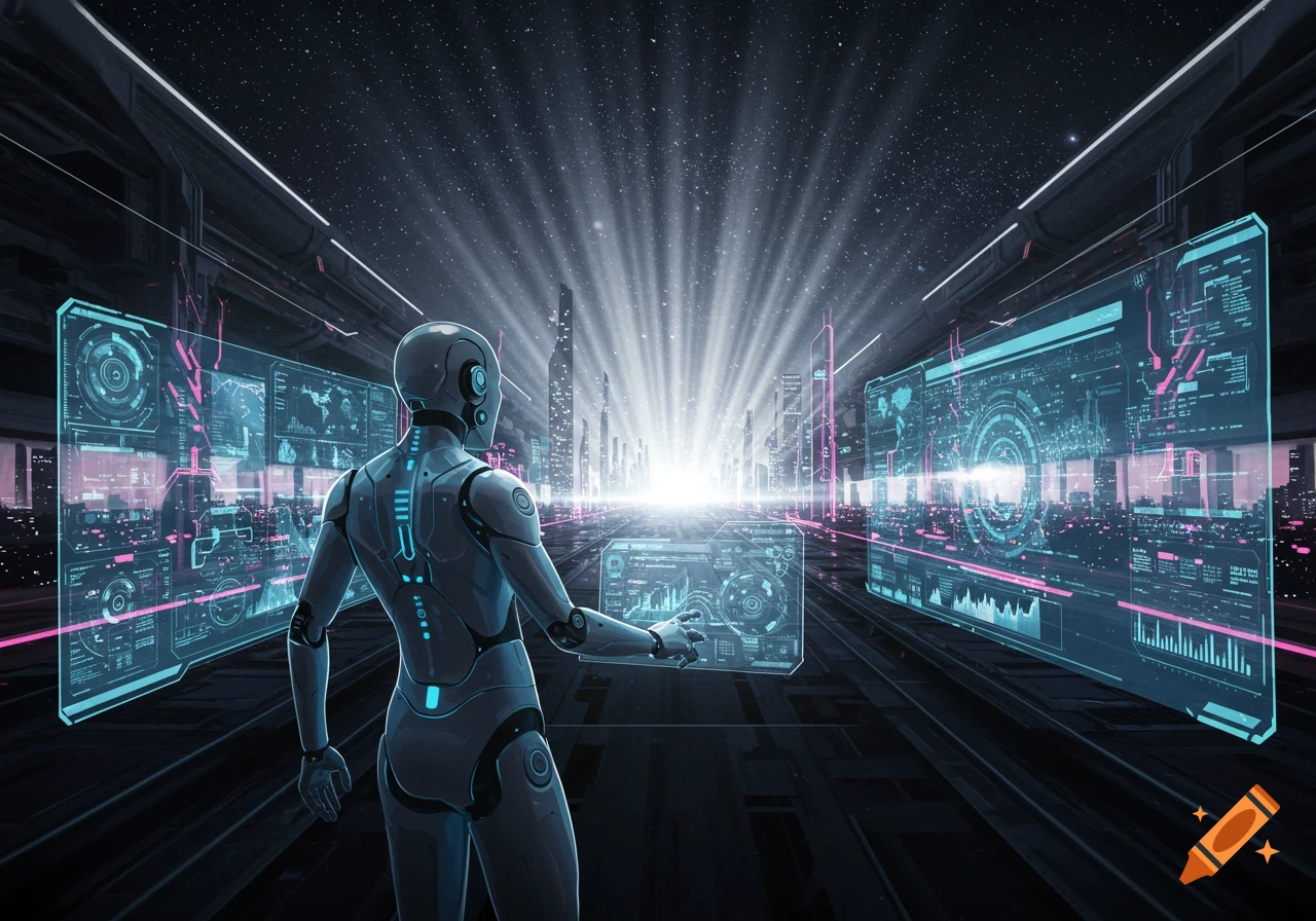 A robot views glowing holographic screens in a futuristic cityscape with bright lights. on Craiyon