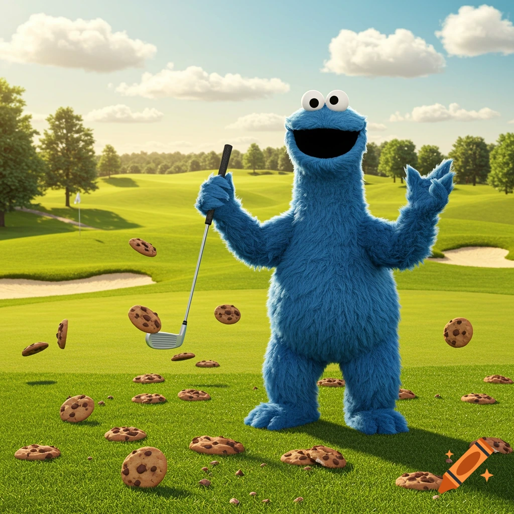 A photorealistic Cookie Monster stands on a sunny golf course, holding ...
