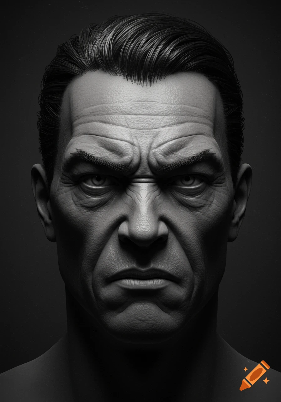 A highly detailed grayscale 3D render of a scowling man's face. on Craiyon