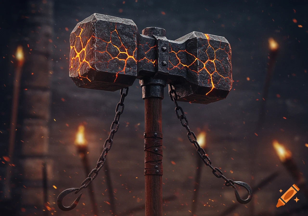 A massive dark stone war hammer with glowing orange cracks, a wooden ...