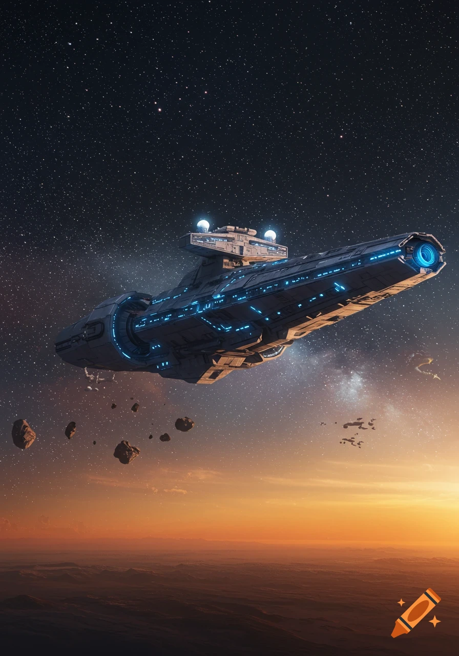 A massive, detailed spaceship with glowing blue lights hovers above a ...