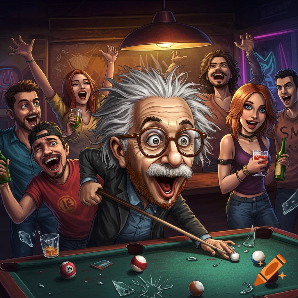 Energetic illustration of Albert Einstein playing pool with a wild ...