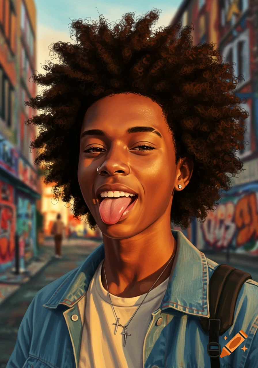 A vibrant digital illustration of a young Black person with an afro ...