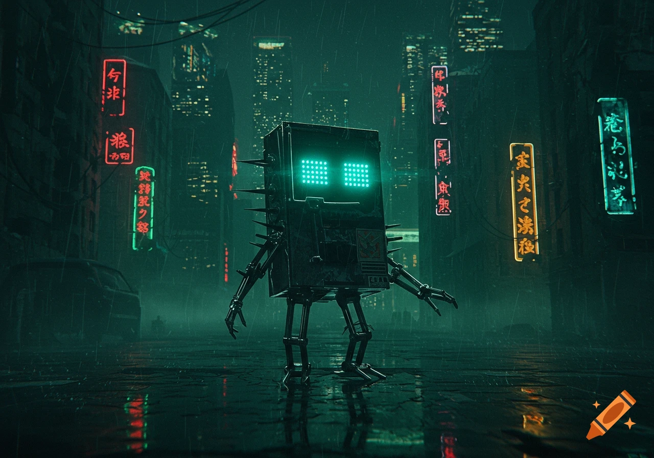A TV-headed robot with green code on its screen stands opposite a dark ...