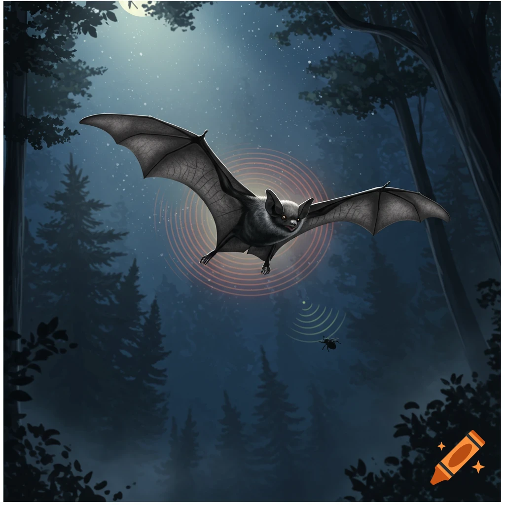 A stylized illustration of a bat flying at night, emitting orange ...