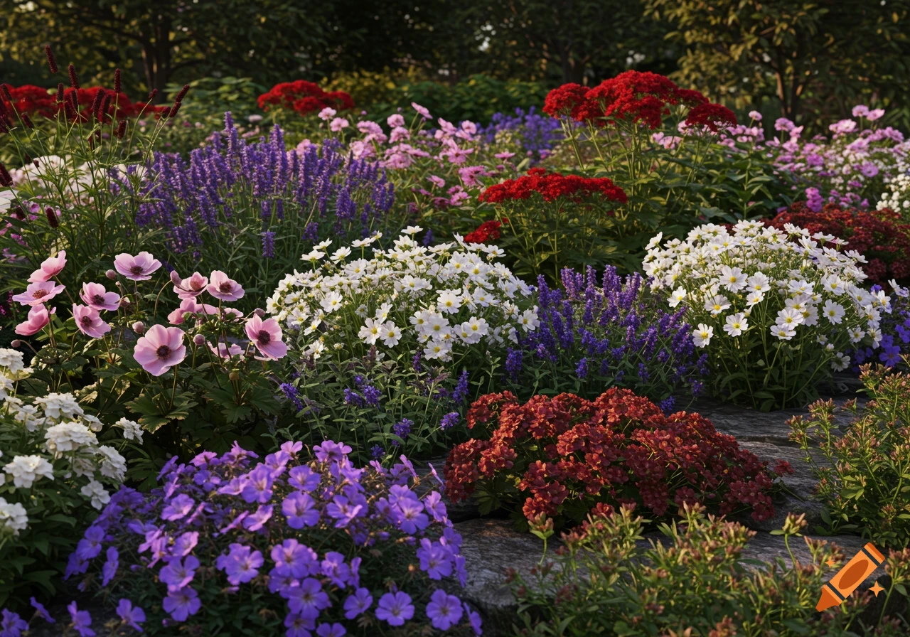 A lush, vibrant garden filled with an assortment of colorful flowers ...