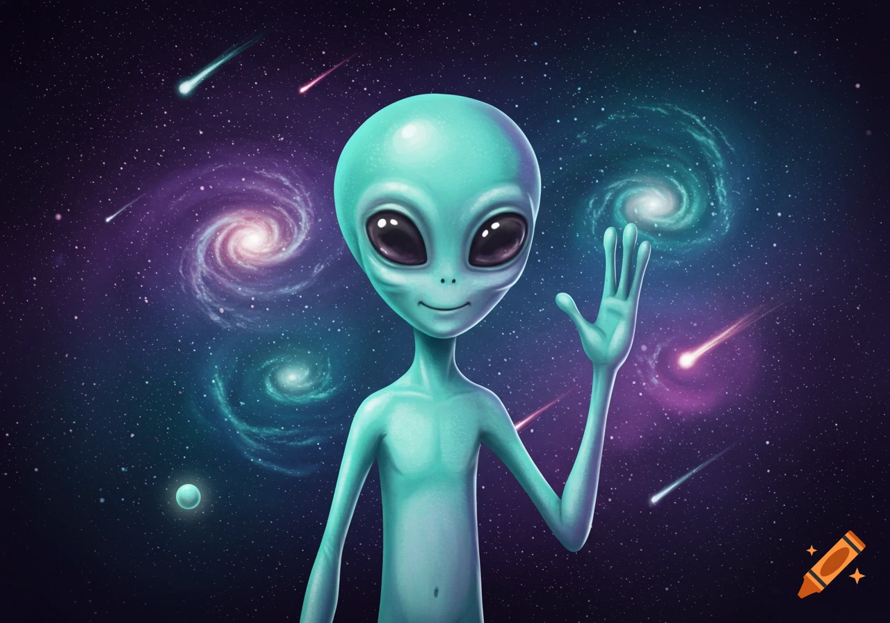 A grey alien with chimpanzee-like fur stands in a dimly lit, futuristic ...