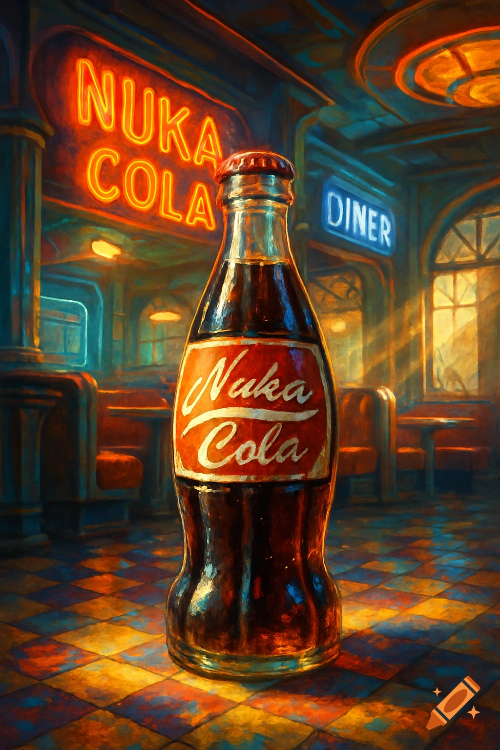 A vibrant painterly depiction of a Nuka Cola bottle on a checkered ...