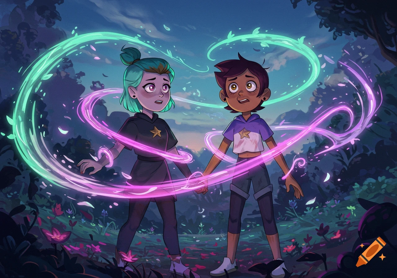 Two animated girls, Luz and Amity, hold hands, surrounded by swirling ...