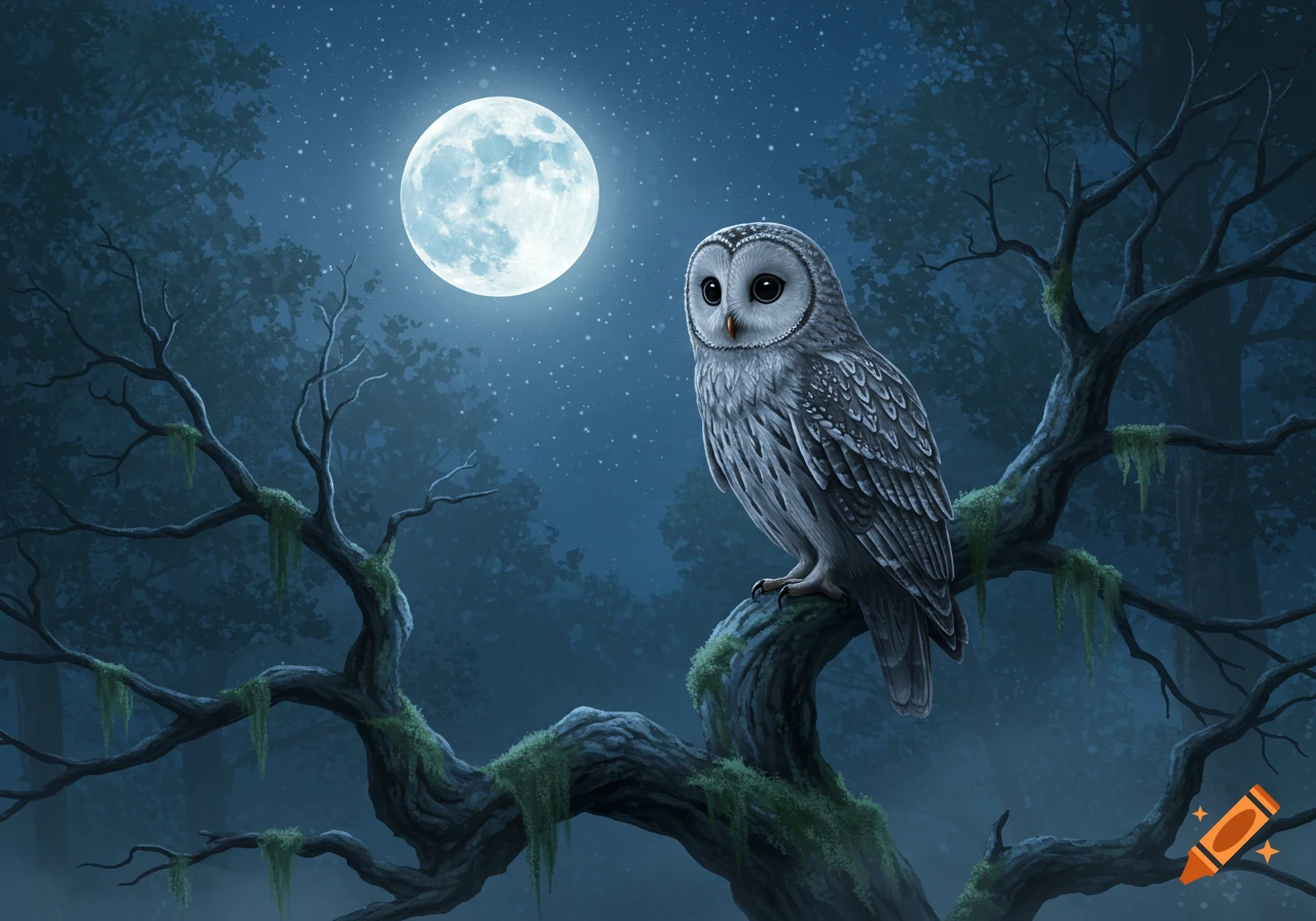 An illustrative image of a brown owl with spread wings and large orange ...