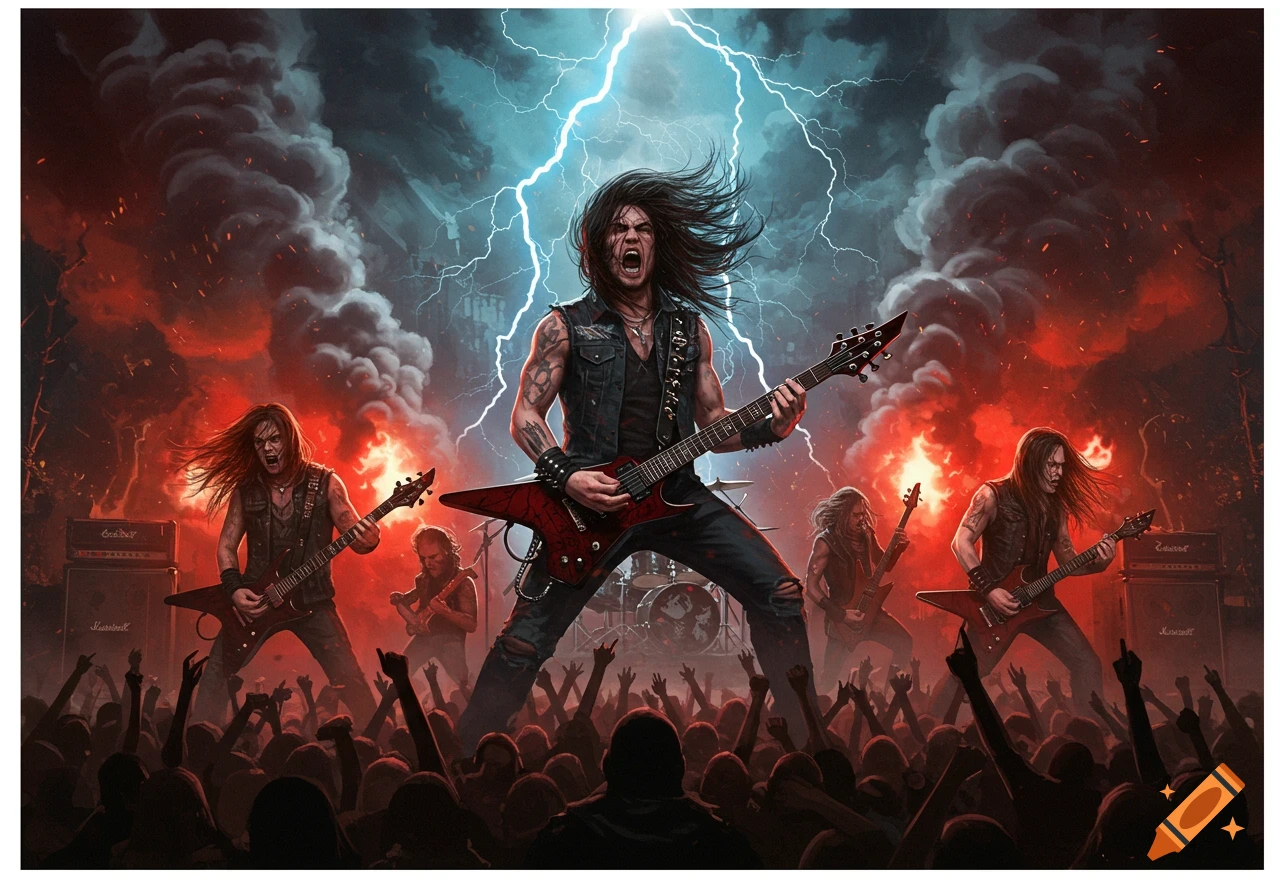 Illustration of a heavy metal band on stage with their logo above on ...