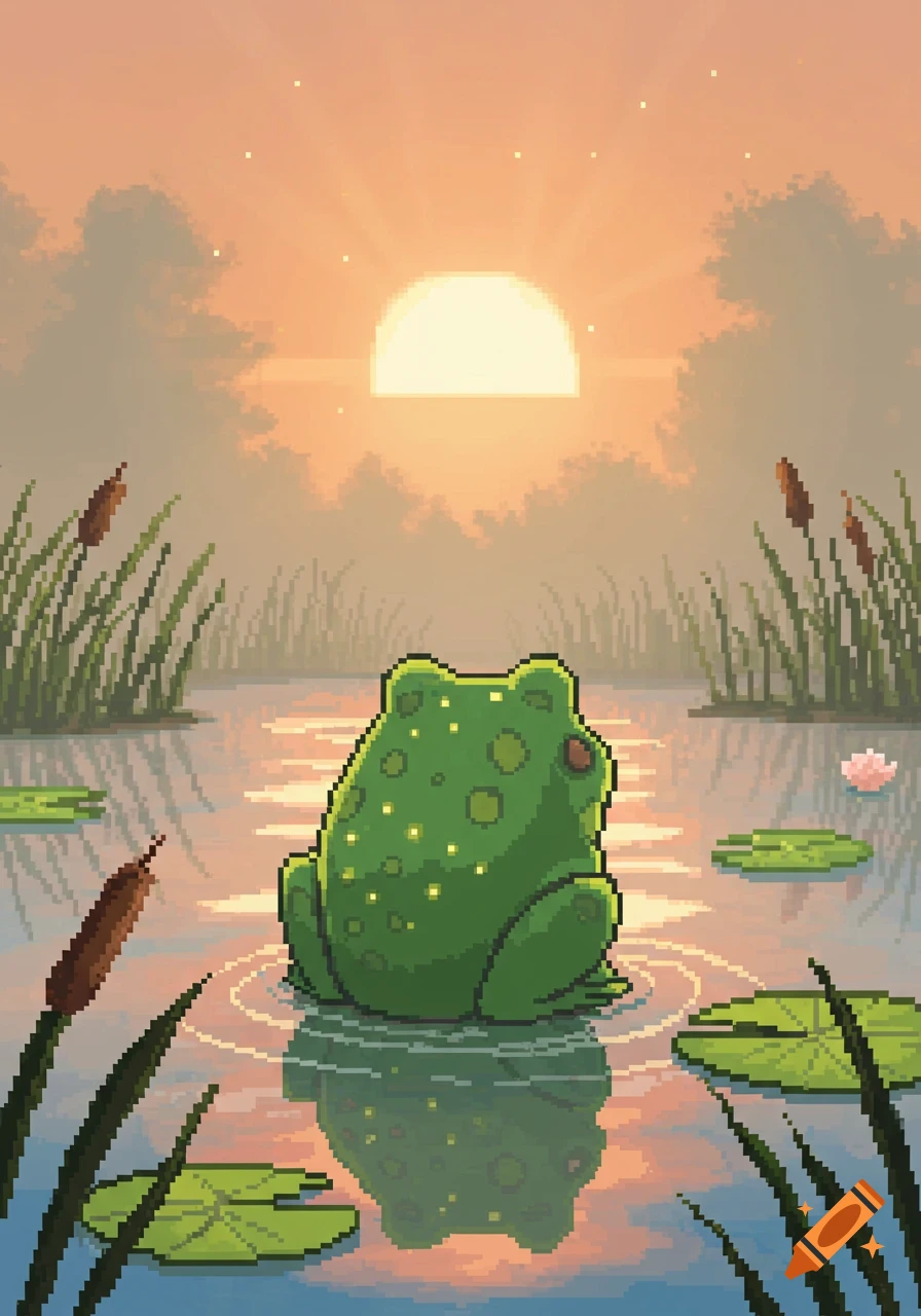 A pixel art frog sits in a pond, facing away from the camera, as the ...