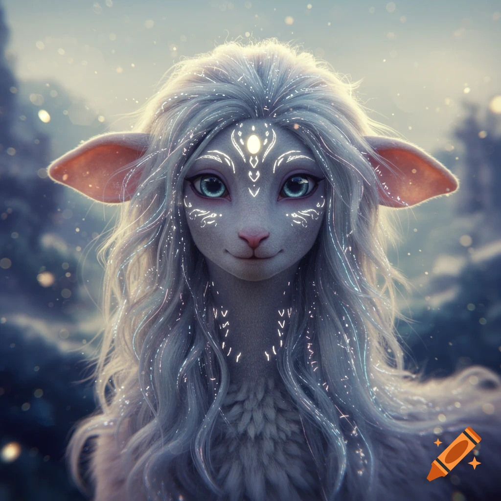 A magical lamb-like creature with long white hair and glowing markings ...