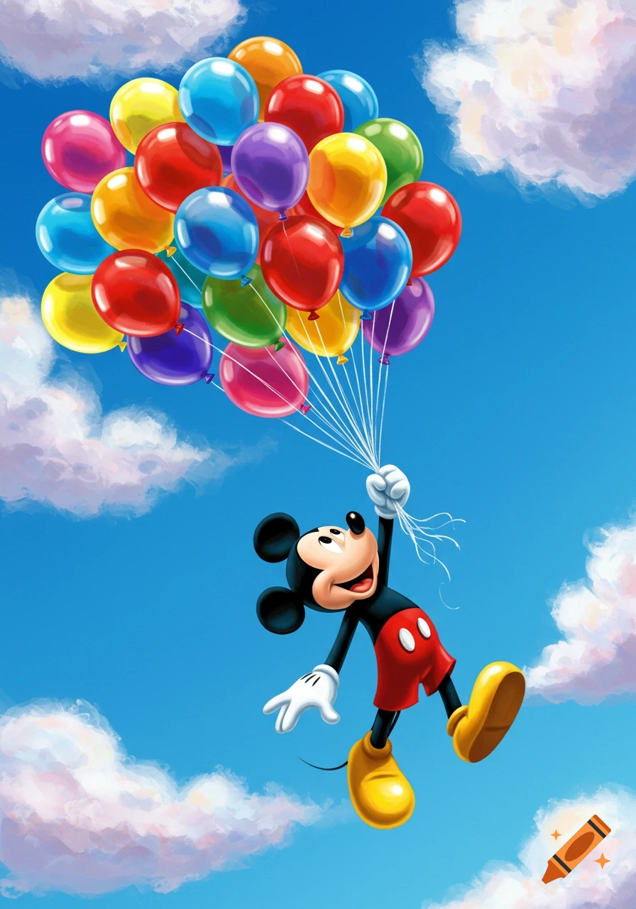 Mickey, Minnie, Donald, Daisy, Goofy, and Pluto float in a blue sky ...