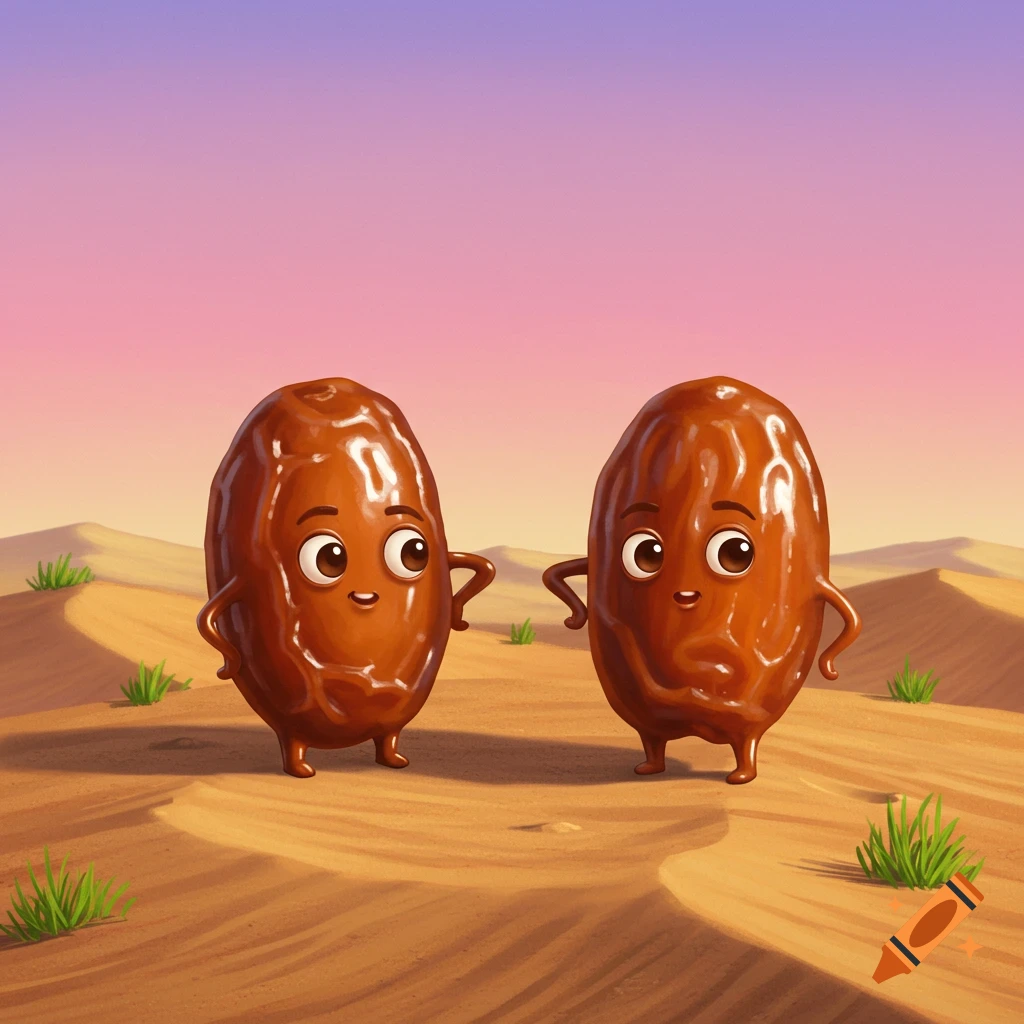 Two cartoon dates with faces and small limbs stand in a desert ...