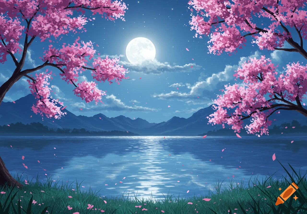 A serene anime-style night landscape with a full moon reflecting on a ...