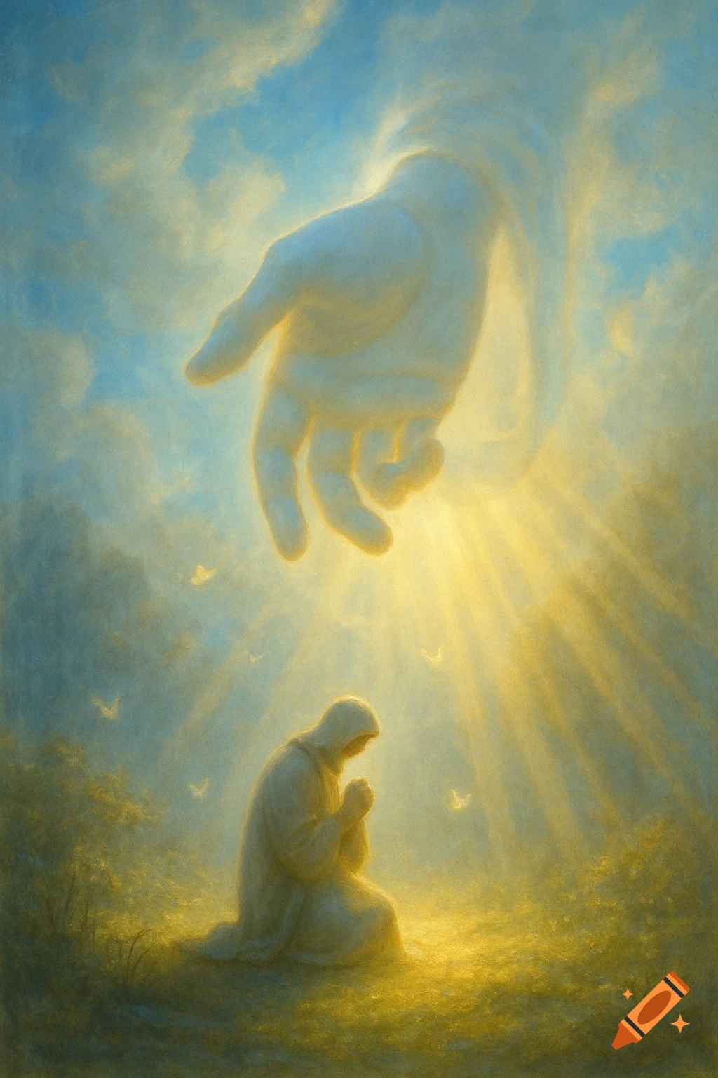 Profile of a person speaking, with a hand extended towards misty ...