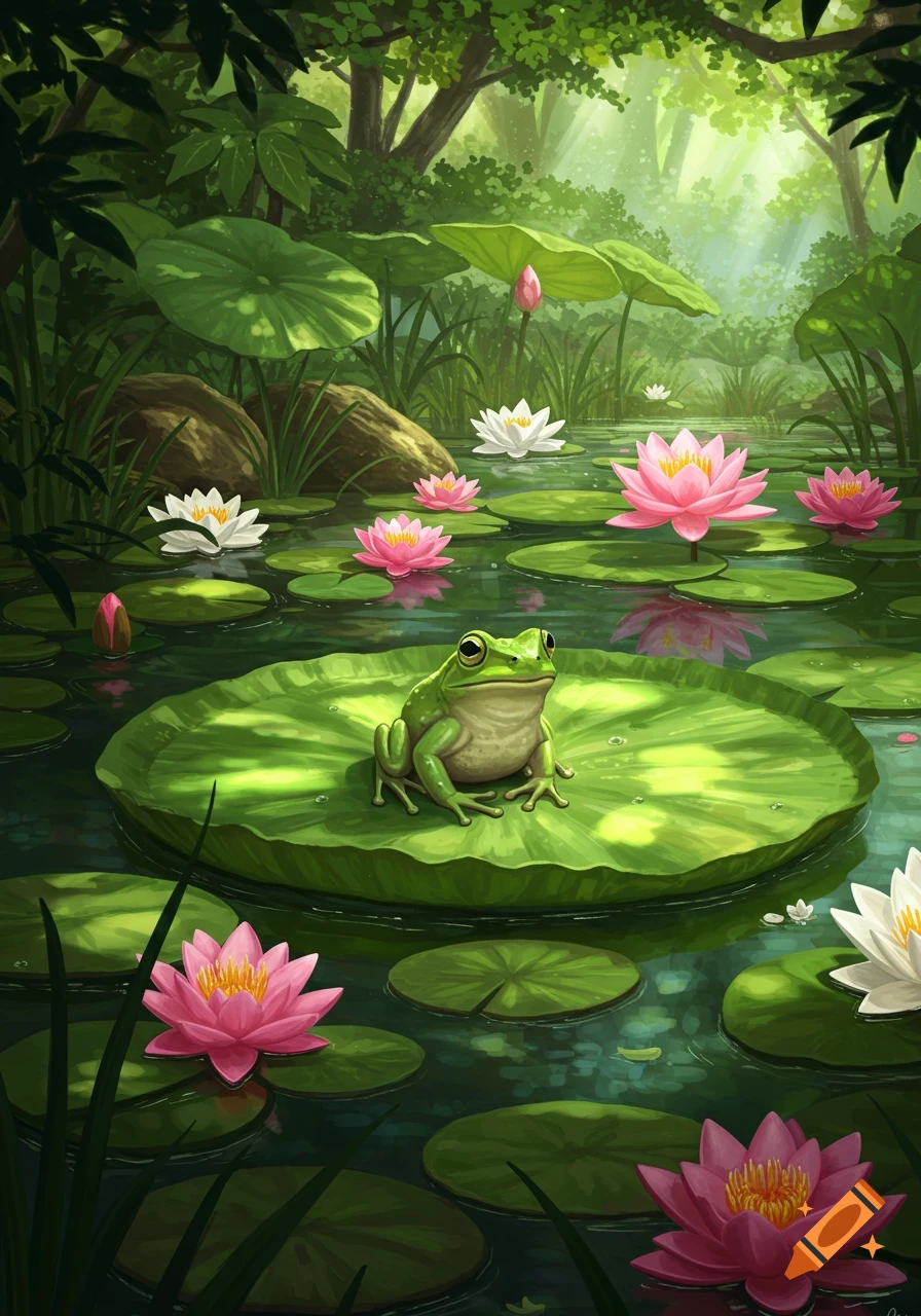 Vibrant illustration of a crowned frog king on a lily pad throne ...
