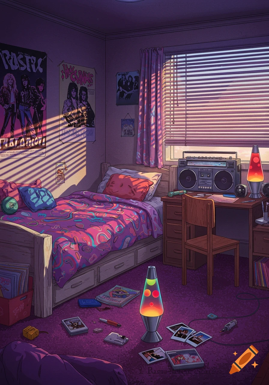 A vibrant, stylized 1980s bedroom scene with posters, a boombox, and ...
