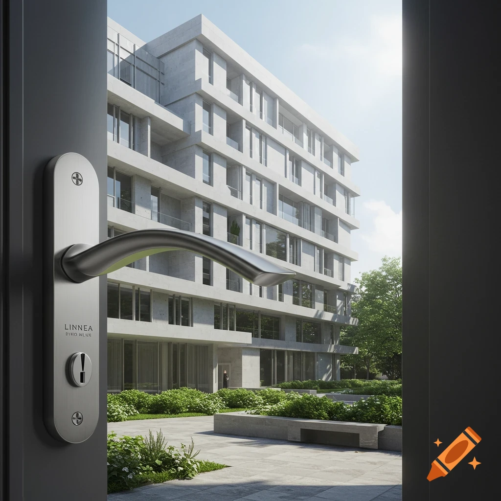 A close-up of a silver door handle with 'LINNEA' inscribed on it ...