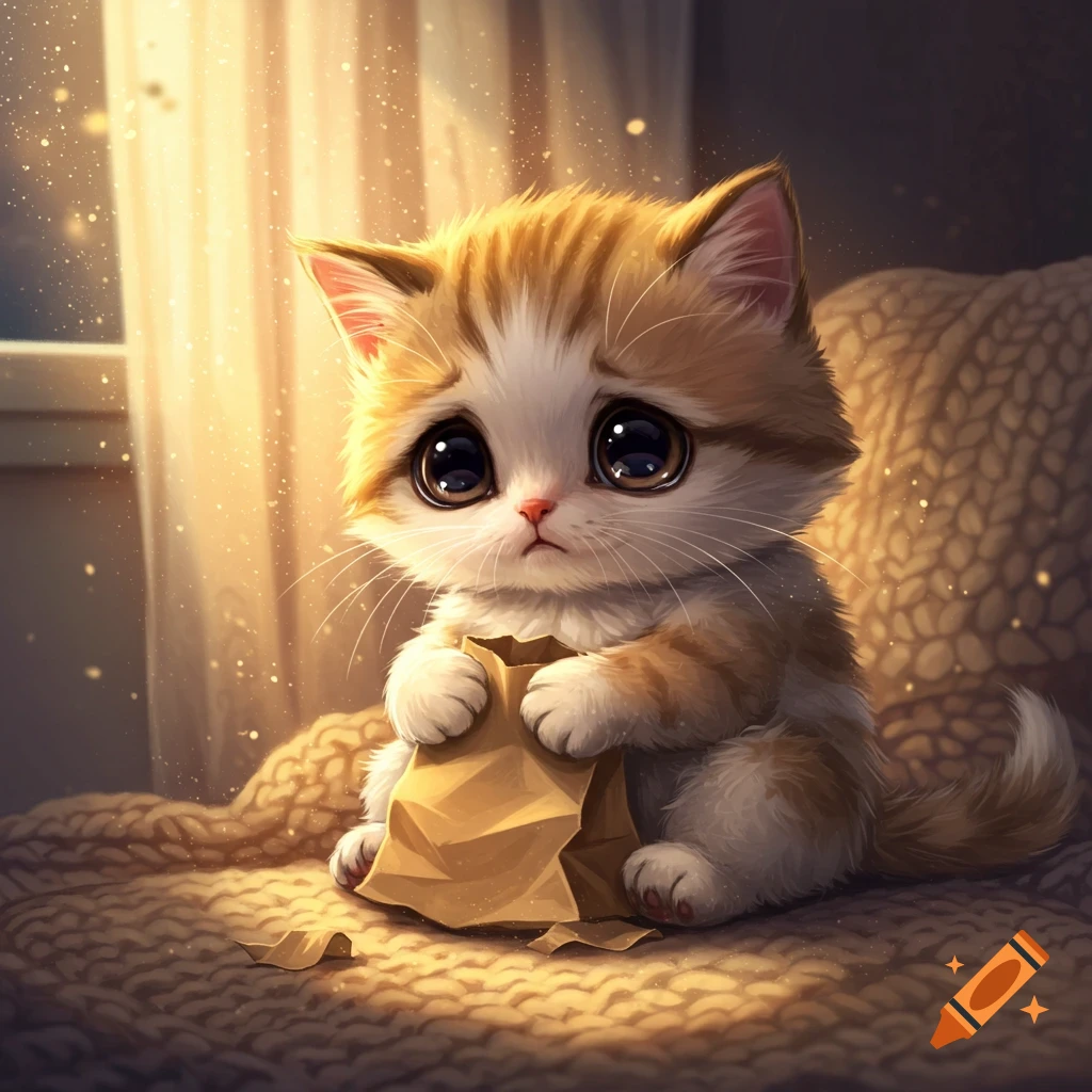 A cute, sad kitten with big eyes sits on a blanket, holding a crumpled ...