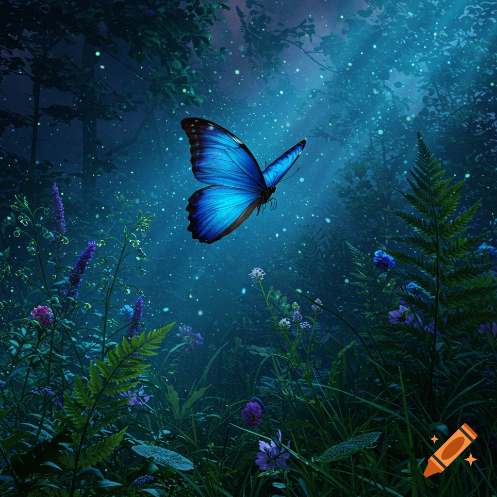 A vibrant blue butterfly with intricate patterns flies through a ...