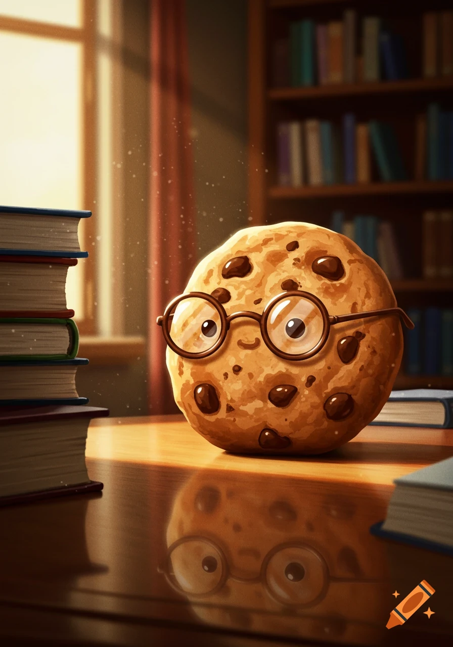A cute cartoon chocolate chip cookie wearing glasses sits on a wooden ...