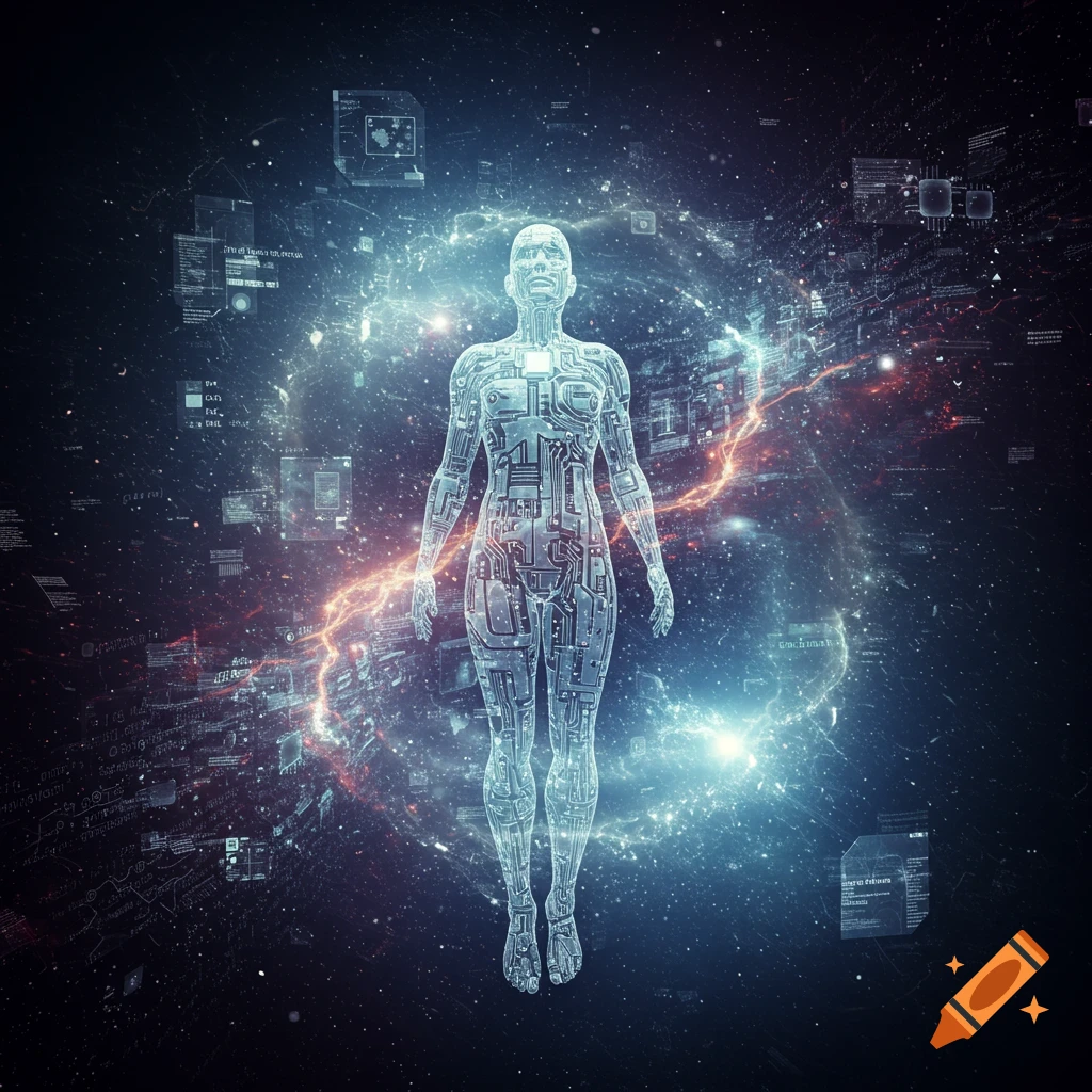 A glowing blue, circuit-patterned human figure stands amidst ...