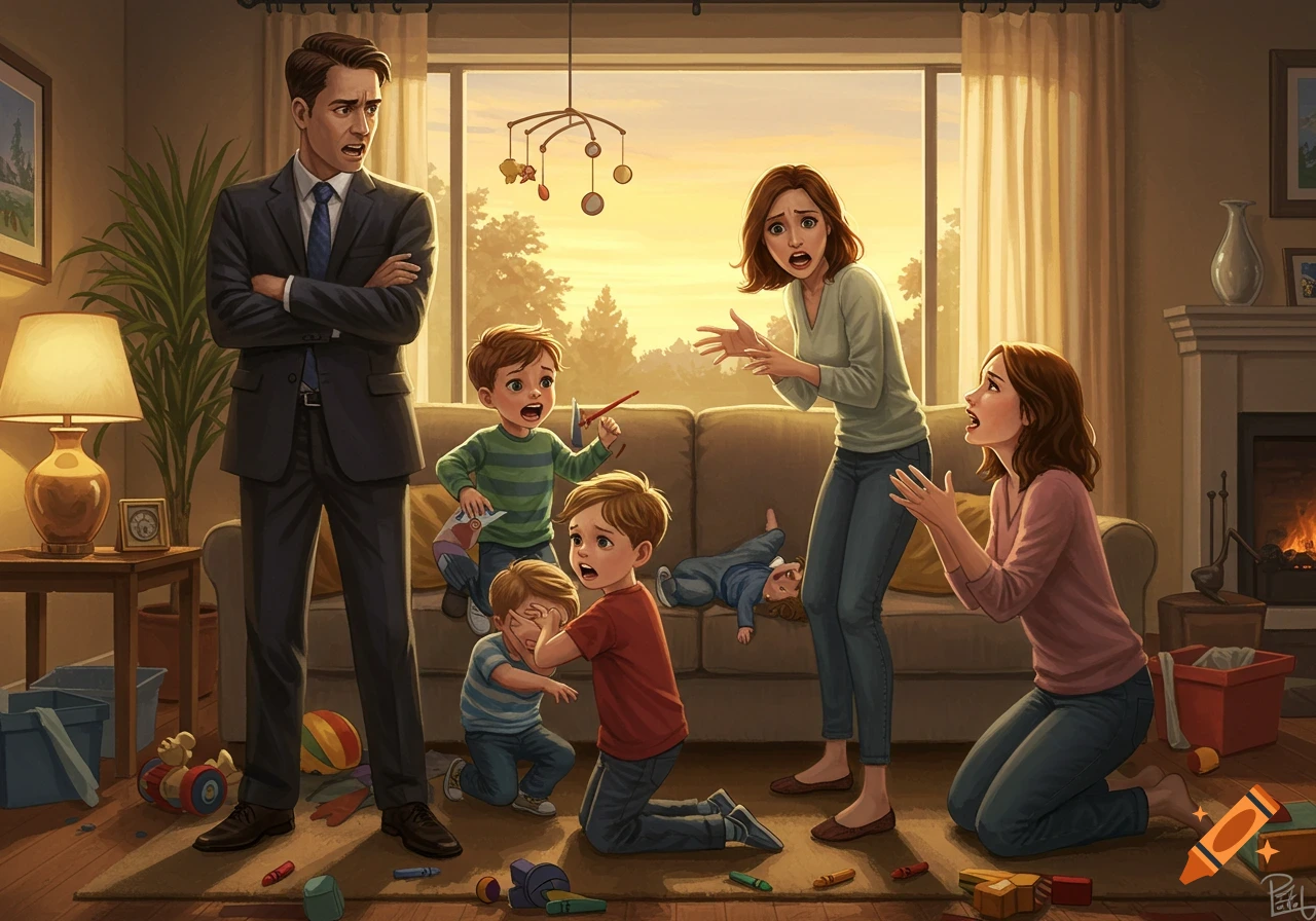 A detailed illustration of a chaotic family scene with distressed ...