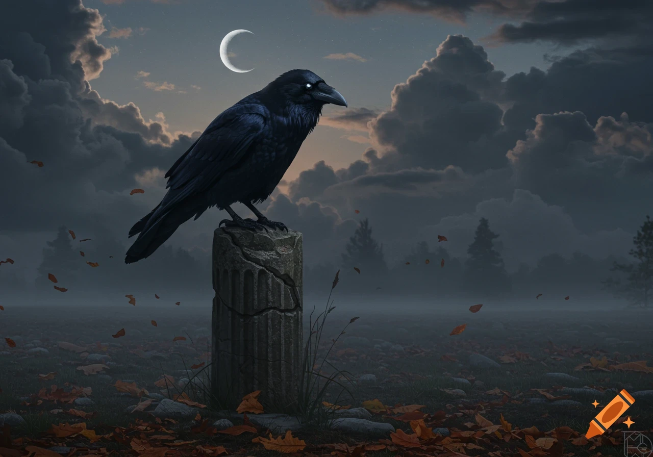 Photorealistic close-up of a dark raven with raindrops on its feathers ...