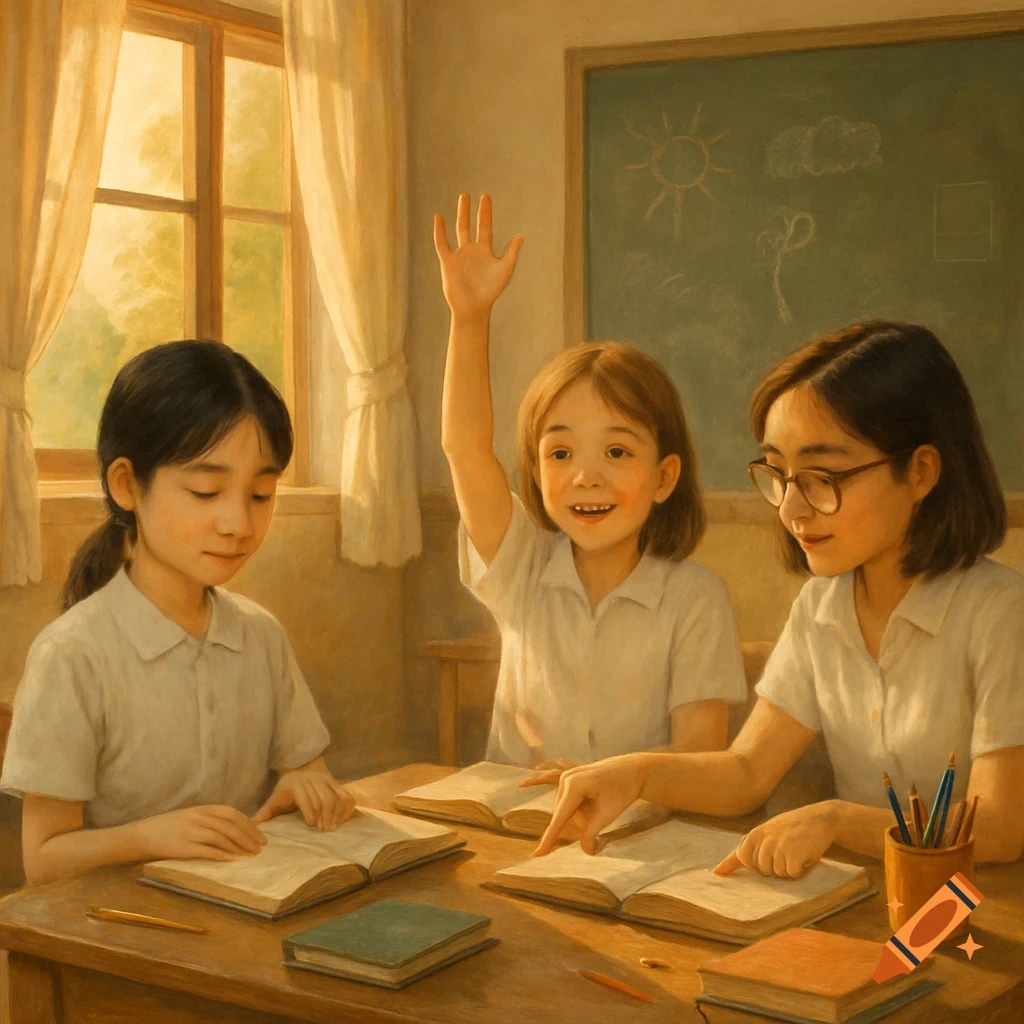 Three girls studying in a warm, sunlit classroom. One raises her hand ...