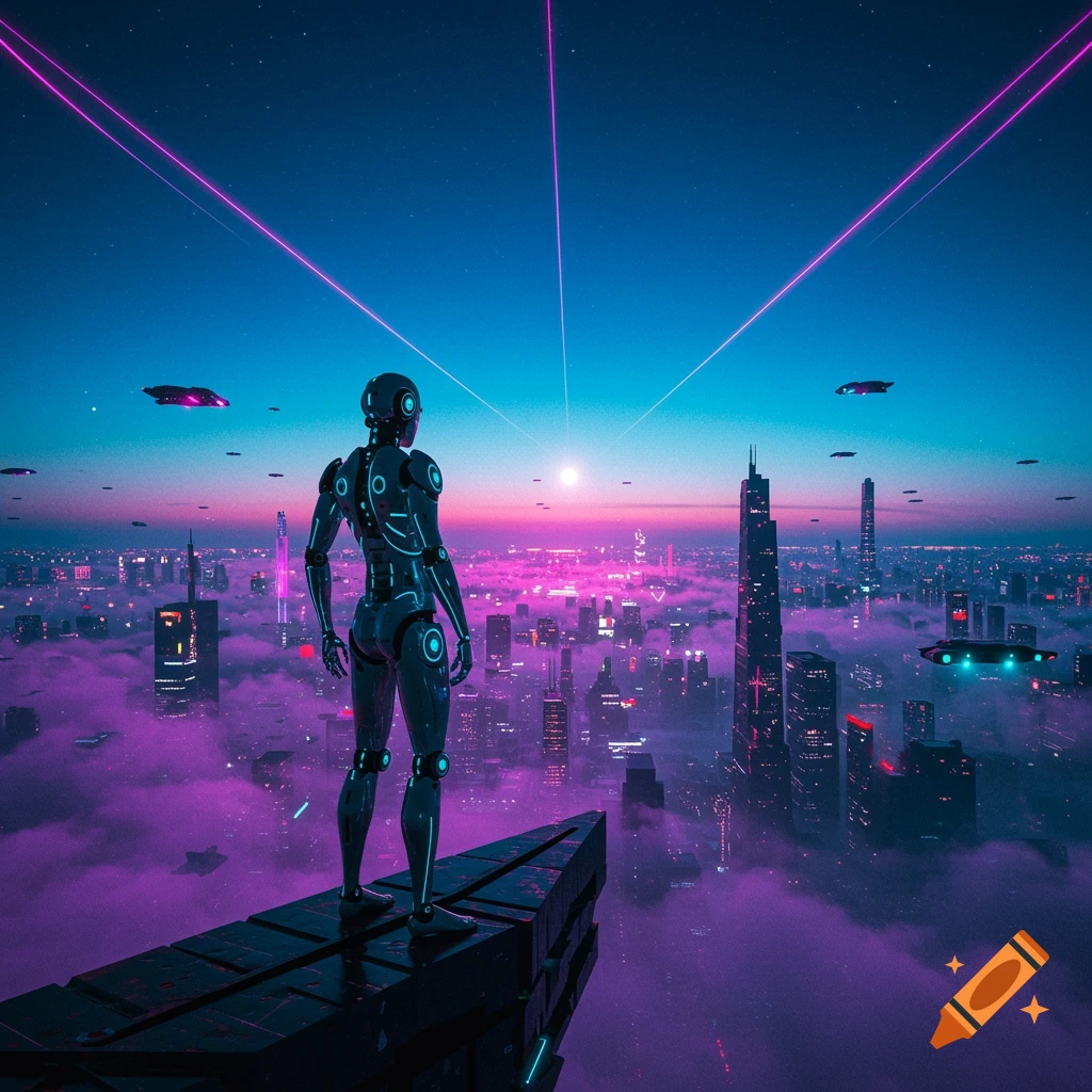 A giant robot woman stands in a futuristic, neon-lit cyberpunk city ...