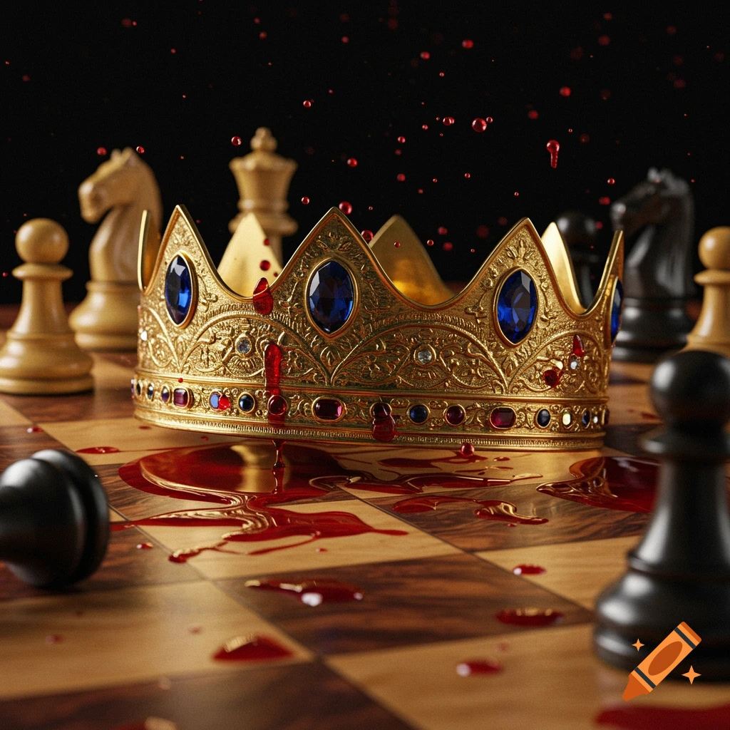 A golden crown rests on a chessboard surrounded by gold and black chess ...