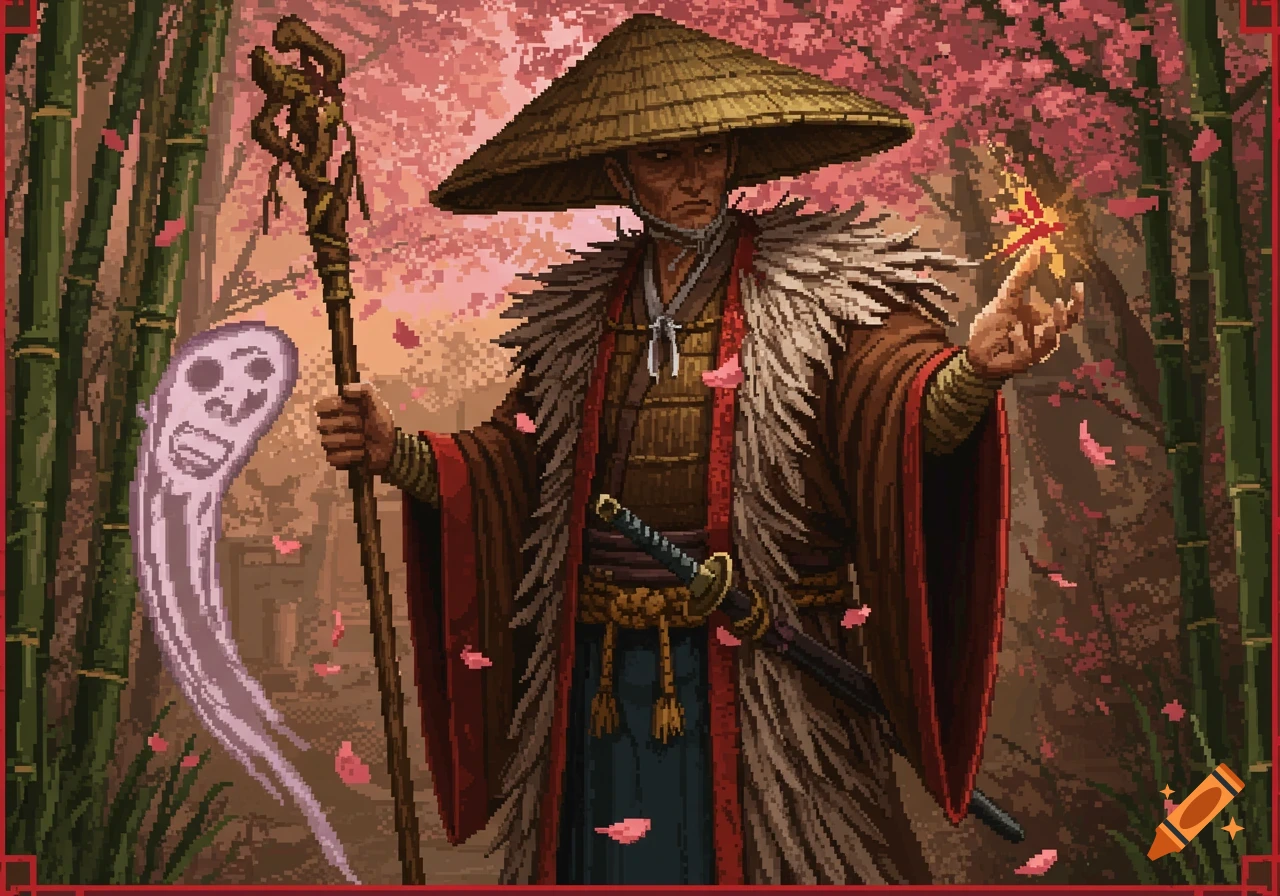 Highly detailed pixel art of a feudal Japanese shaman in a straw hat ...