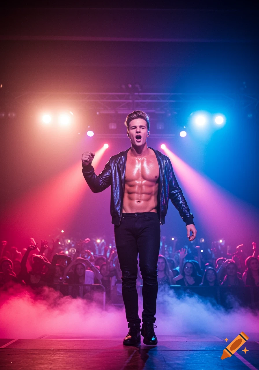 A muscular male singer performs on stage under vibrant red and blue ...