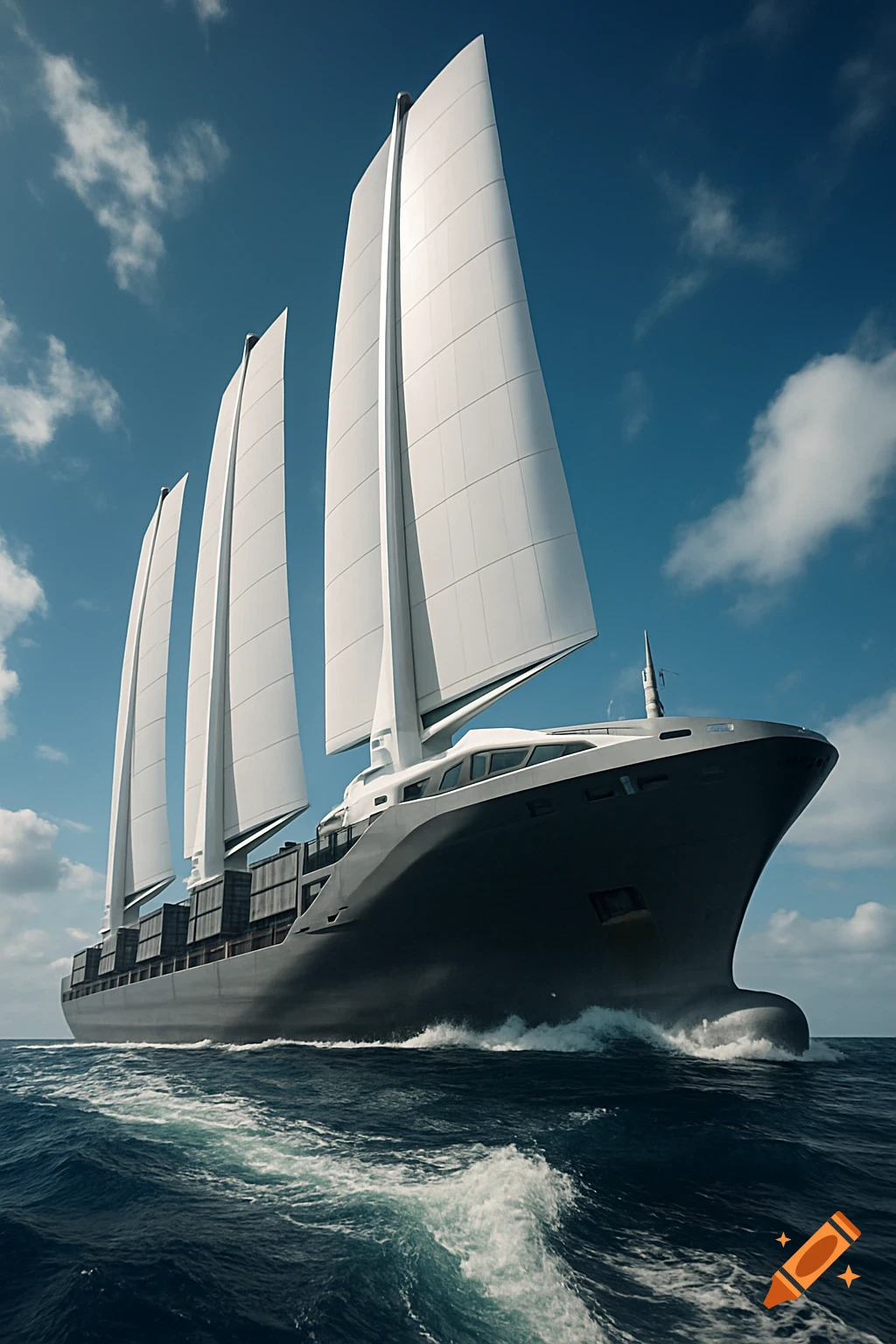 Photorealistic image of a sleek white electric mega-container ship with ...