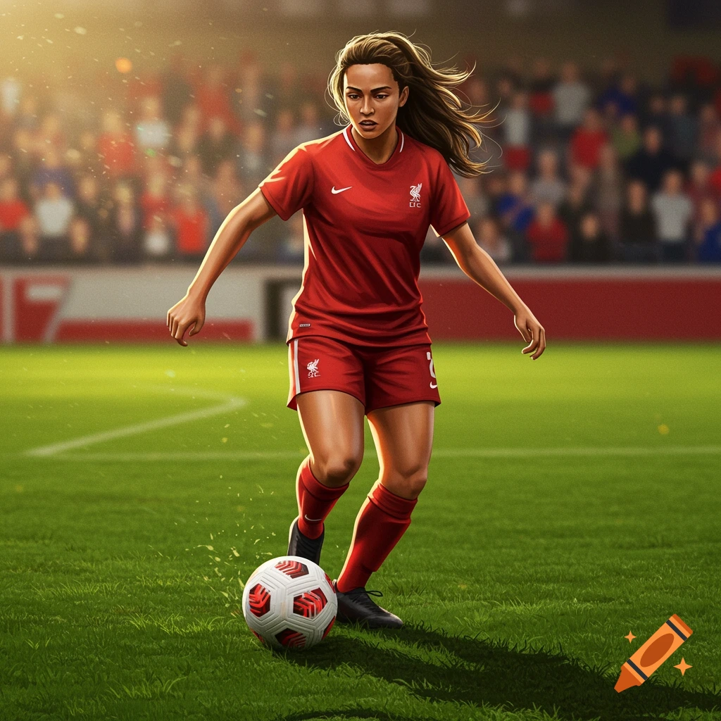 A female soccer player in a red uniform dribbles a ball on a green ...