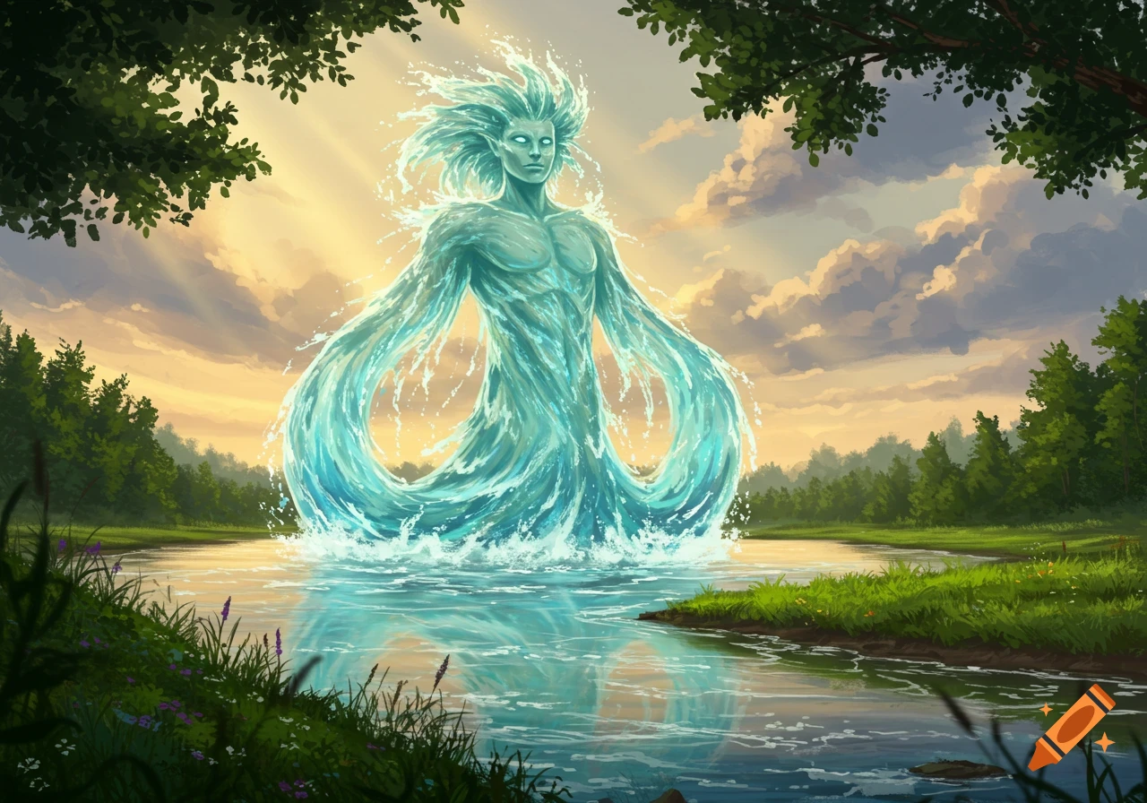 A powerful water elemental with a humanoid form rises from a river ...