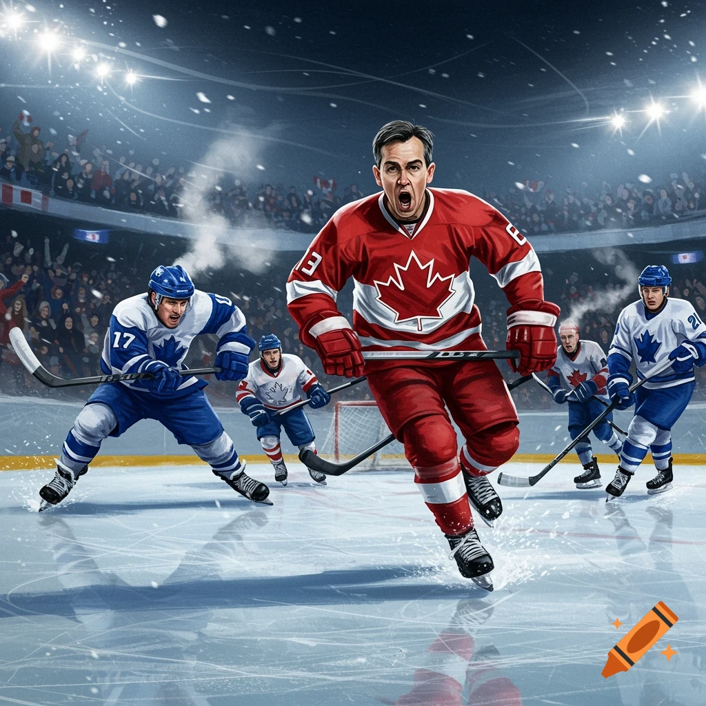 An illustration of hockey players on an ice rink, with a prominent ...