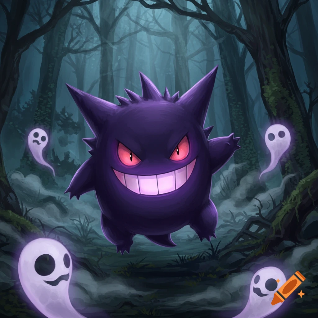 A purple Gengar with red eyes and a wide grin floats in a dark, spooky ...