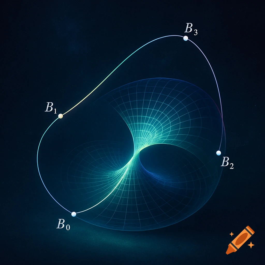 An abstract glowing 3D grid surface and a Bezier curve with control points B0, B1, B2, B3 on a ...