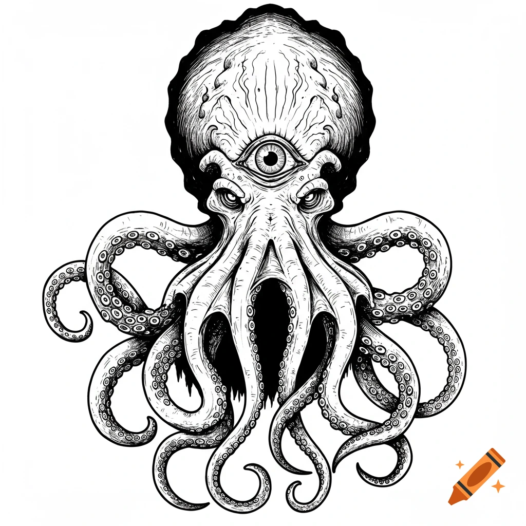 A black and white ink drawing of an octopus-like monster with multiple ...