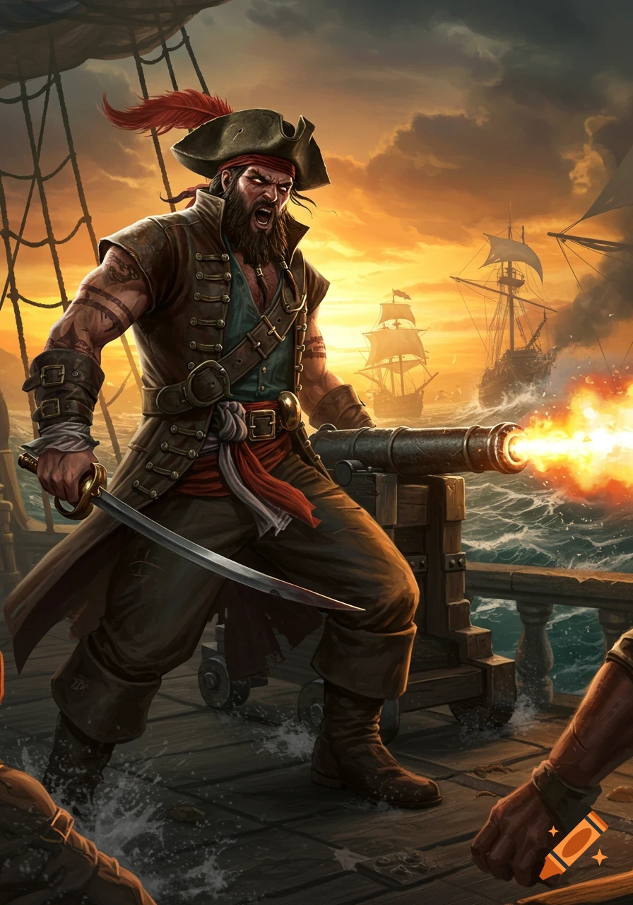 Illustrated skeleton pirate firing a machine gun on a ship deck at ...