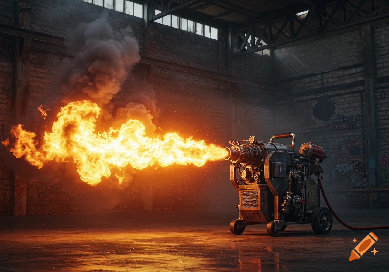 A powerful industrial flamethrower machine blasting a large stream of ...