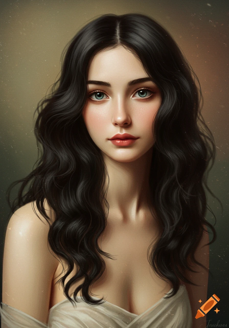 A hyper-realistic digital painting portrait of a young woman with long dark wavy hair, light ...