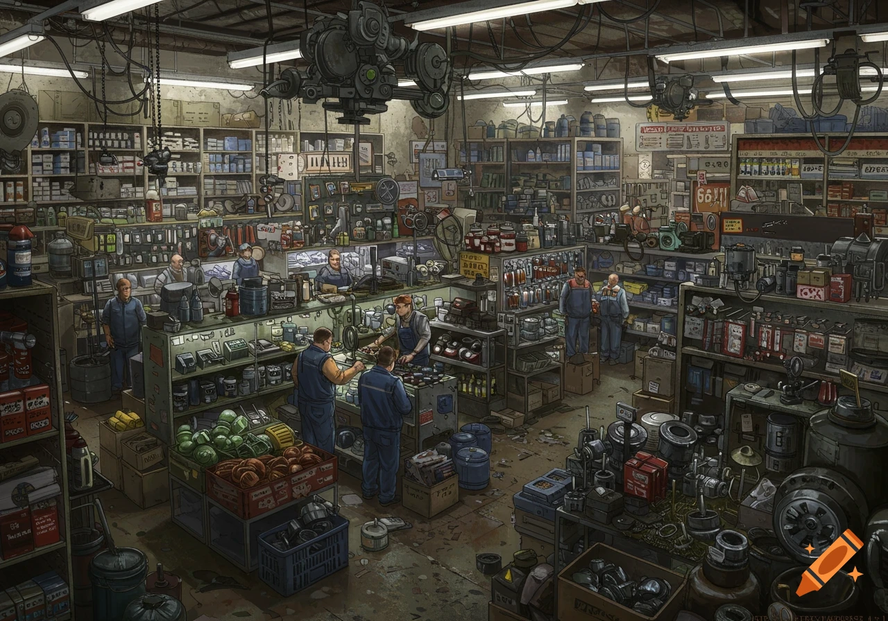 A detailed, wide shot of a crowded, old-fashioned industrial parts ...