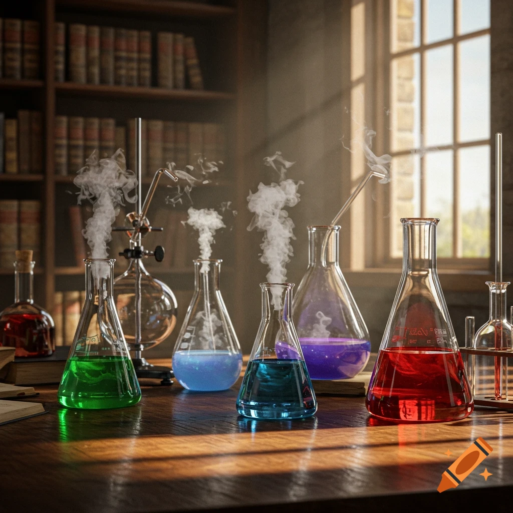 Photorealistic image of chemistry flasks and beakers with colorful ...